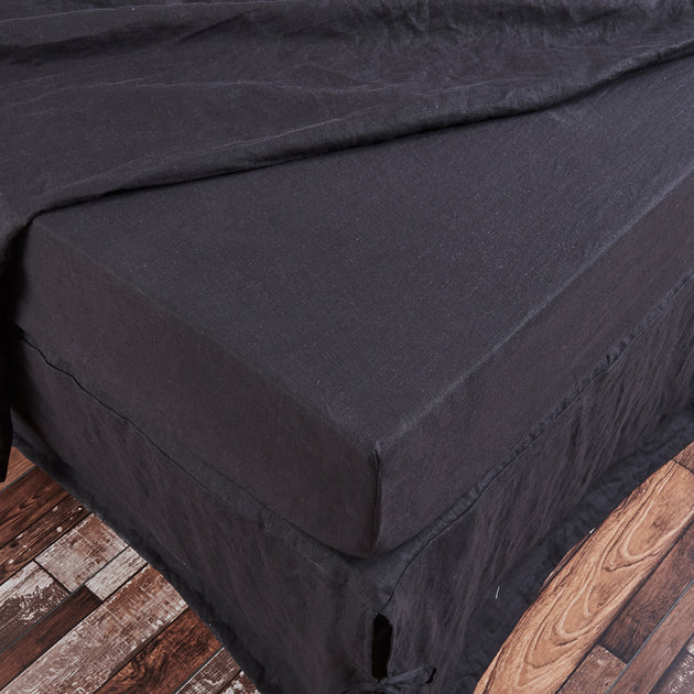 Jet-Black Linen Fitted Sheet | 100% Pure Linen Fitted Bed Sheets ...